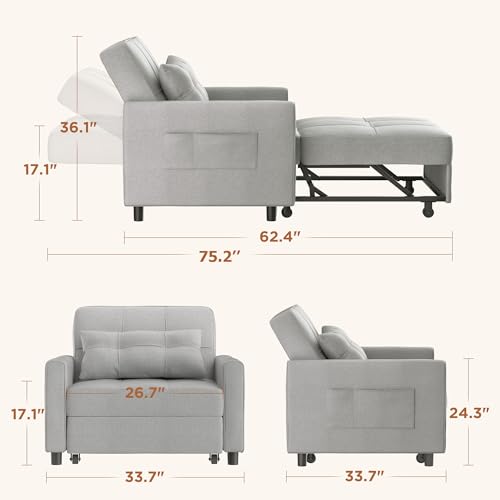 Noelse 3-in-1 Convertible Sofa Bed, Sleeper Chair Bed Pull Out Chair Bed, Sofa Bed with Adjustable Backrest, Single Sleeper Sofa Comfy Chair for Living Room Apartment (Light Gray)