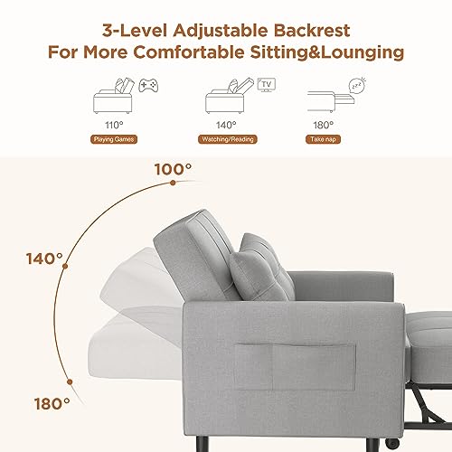 Noelse 3-in-1 Convertible Sofa Bed, Sleeper Chair Bed Pull Out Chair Bed, Sofa Bed with Adjustable Backrest, Single Sleeper Sofa Comfy Chair for Living Room Apartment (Light Gray)