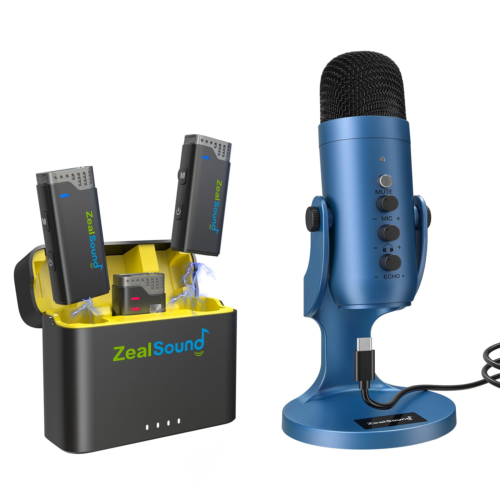 ZealSound USB Condenser Microphone k66 Blue and Wireless Lavalier Microphone V7 Pro