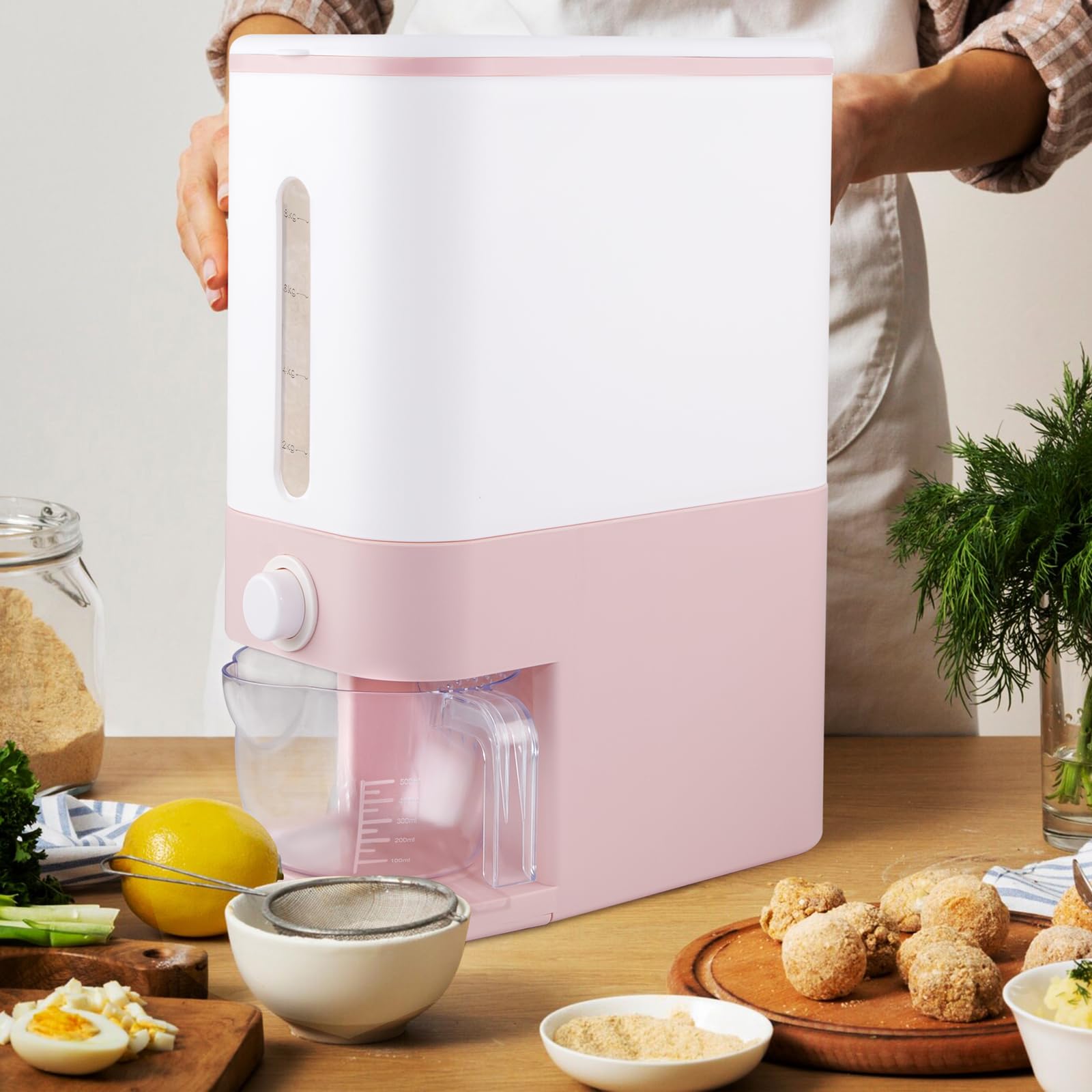 Rubtlamp 20 Lbs Pink Rice Dispenser, Plastic Food Storage Container, Large Rice Storage Container with Lid, Moisture Proof Household Cereal Dispenser Bucket, Sealed Grain Container Storage for Kitchen