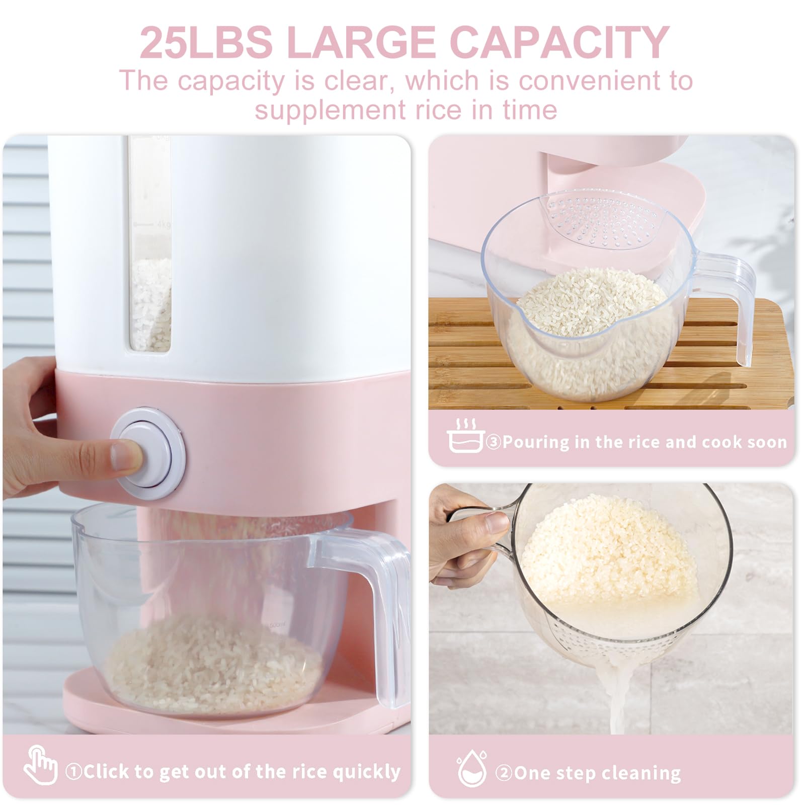 Rubtlamp 20 Lbs Pink Rice Dispenser, Plastic Food Storage Container, Large Rice Storage Container with Lid, Moisture Proof Household Cereal Dispenser Bucket, Sealed Grain Container Storage for Kitchen