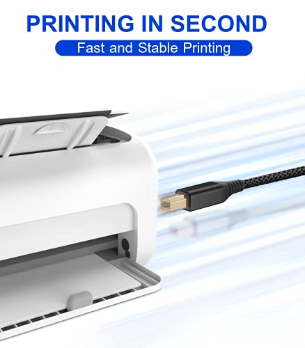 sweguard Printer Cable 10ft, USB 2.0 Printer Cable USB-A to USB-B Cable, High Speed Nylon Braided Scanner Printer Cord for HP Canon Dell Epson Brother Lexmark Xerox Samsung Piano DAC & More-Black
