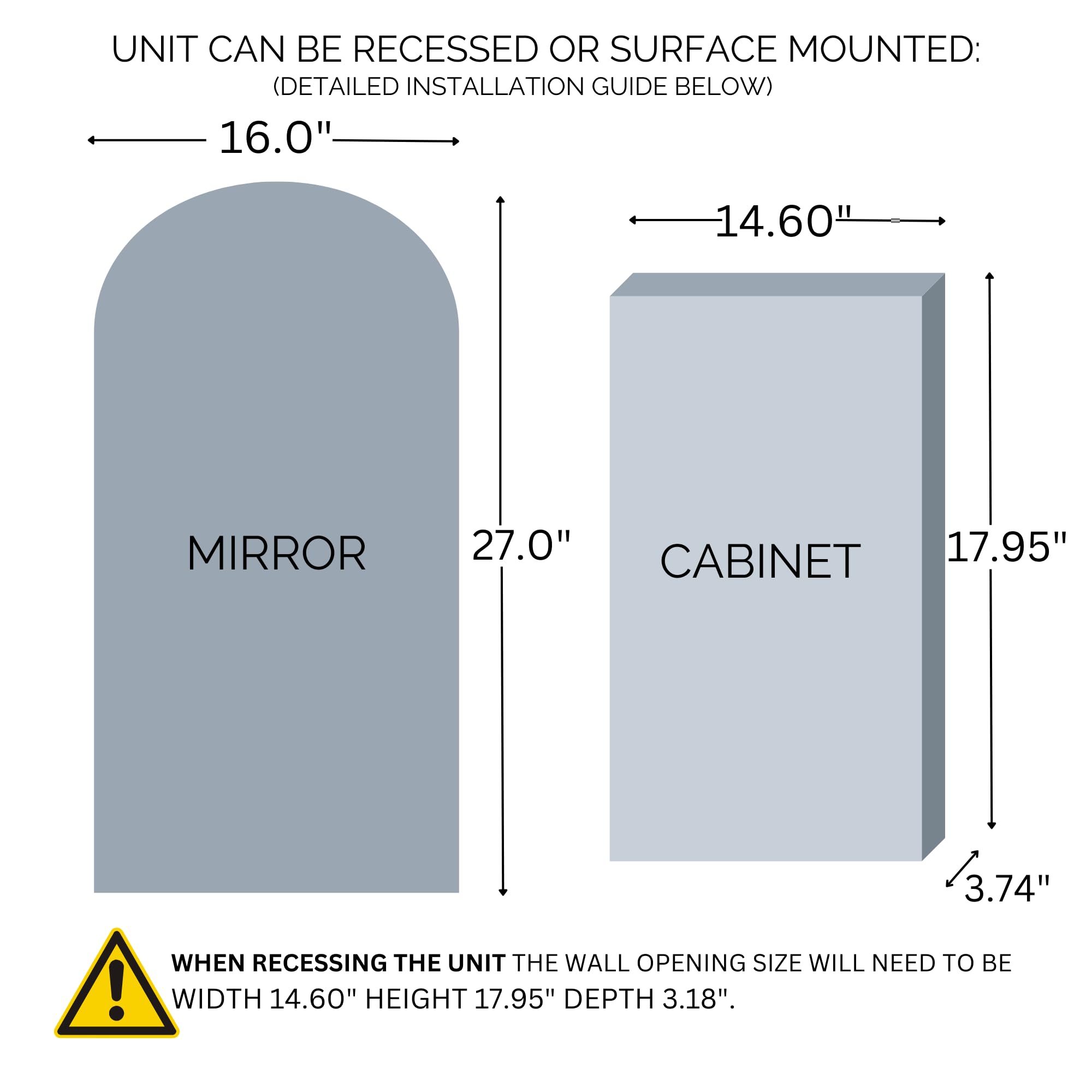 White Arch Medicine Cabinet With Mirror, Recessed Or Surface Mount Medicine Cabinet With Mirror -16" x 27", Small Medicine Cabinet For Bathroom Mirror Cabinet Frameless Bathroom Mirror With Storage