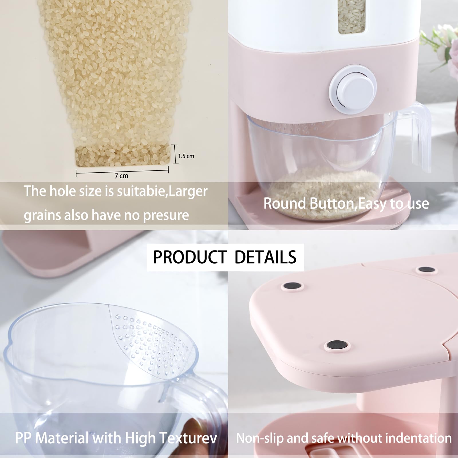 Rubtlamp 20 Lbs Pink Rice Dispenser, Plastic Food Storage Container, Large Rice Storage Container with Lid, Moisture Proof Household Cereal Dispenser Bucket, Sealed Grain Container Storage for Kitchen