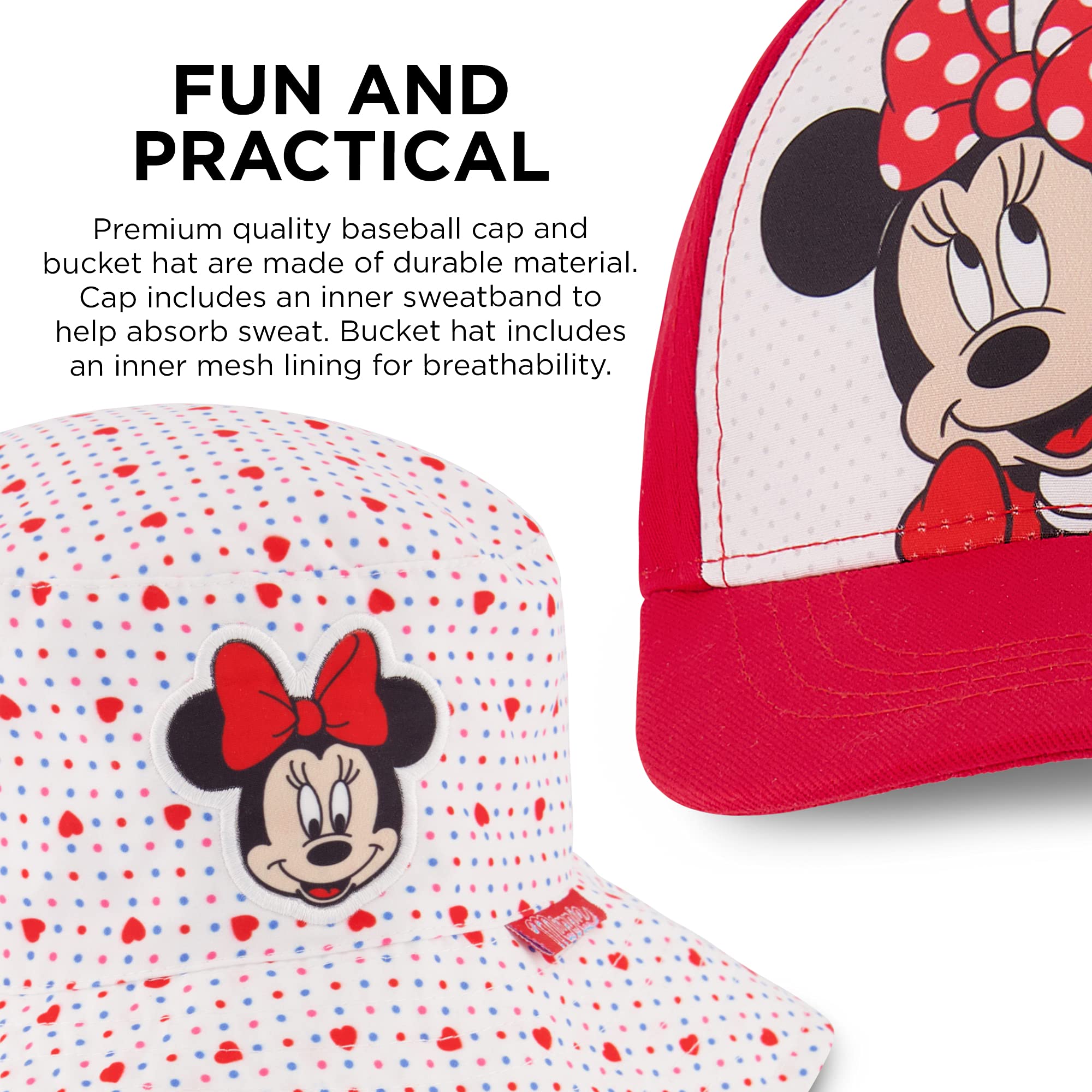 Disney Toddler Sunhat, Minnie Mouse Kids Bucket Matching Girls Baseball Cap for Beach, Size 2-4, Bucket & Baseball Hat, 2-4T Red and White