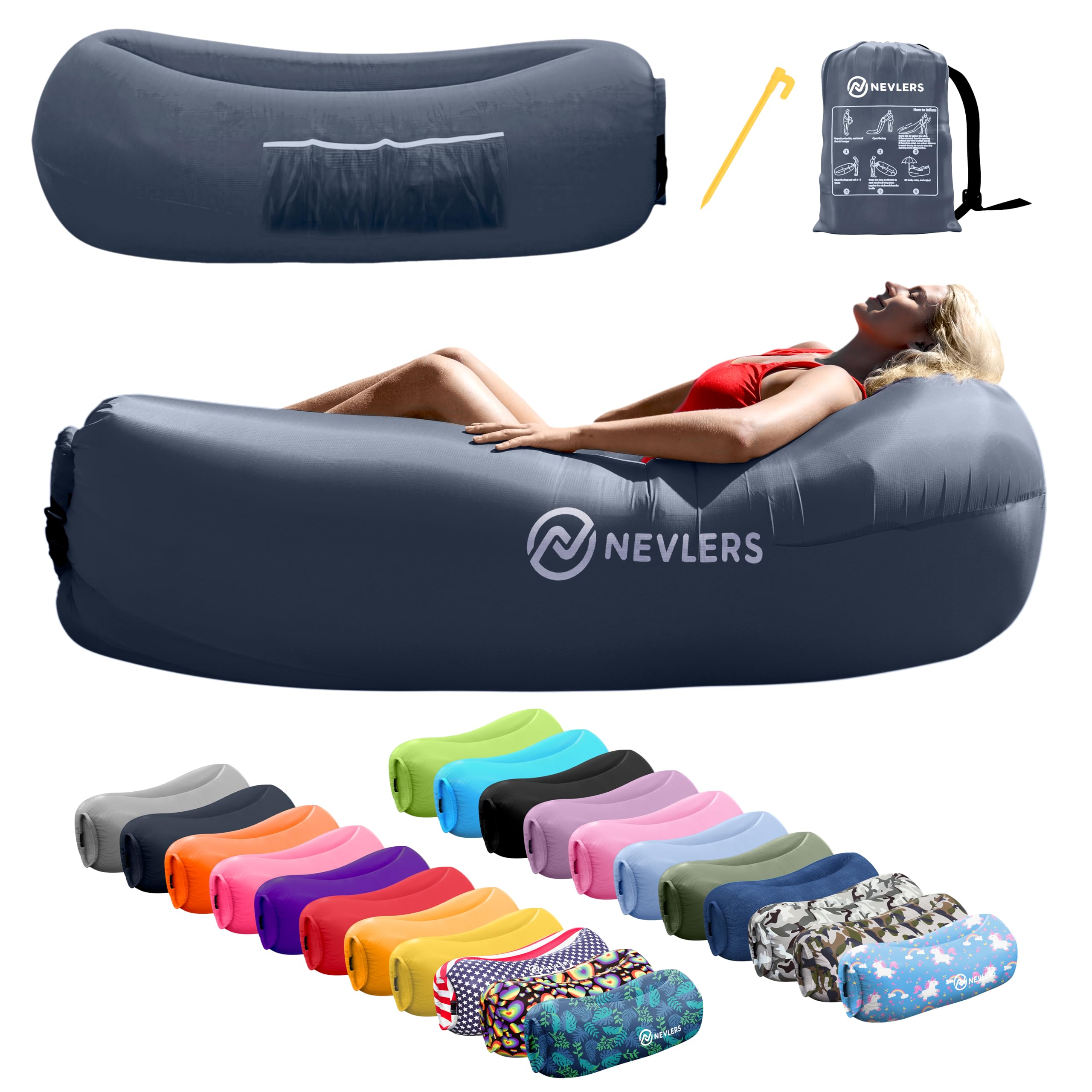 Nevlers 450Lbs Cap Outdoor Inflatable Couch for Camping Navy Blue| Tough 210T Polyester Air Chair Inflatable Lounger | Inflatable Chairs for Movie Night, Hiking, Travel Beach Chair & Portable Hammock