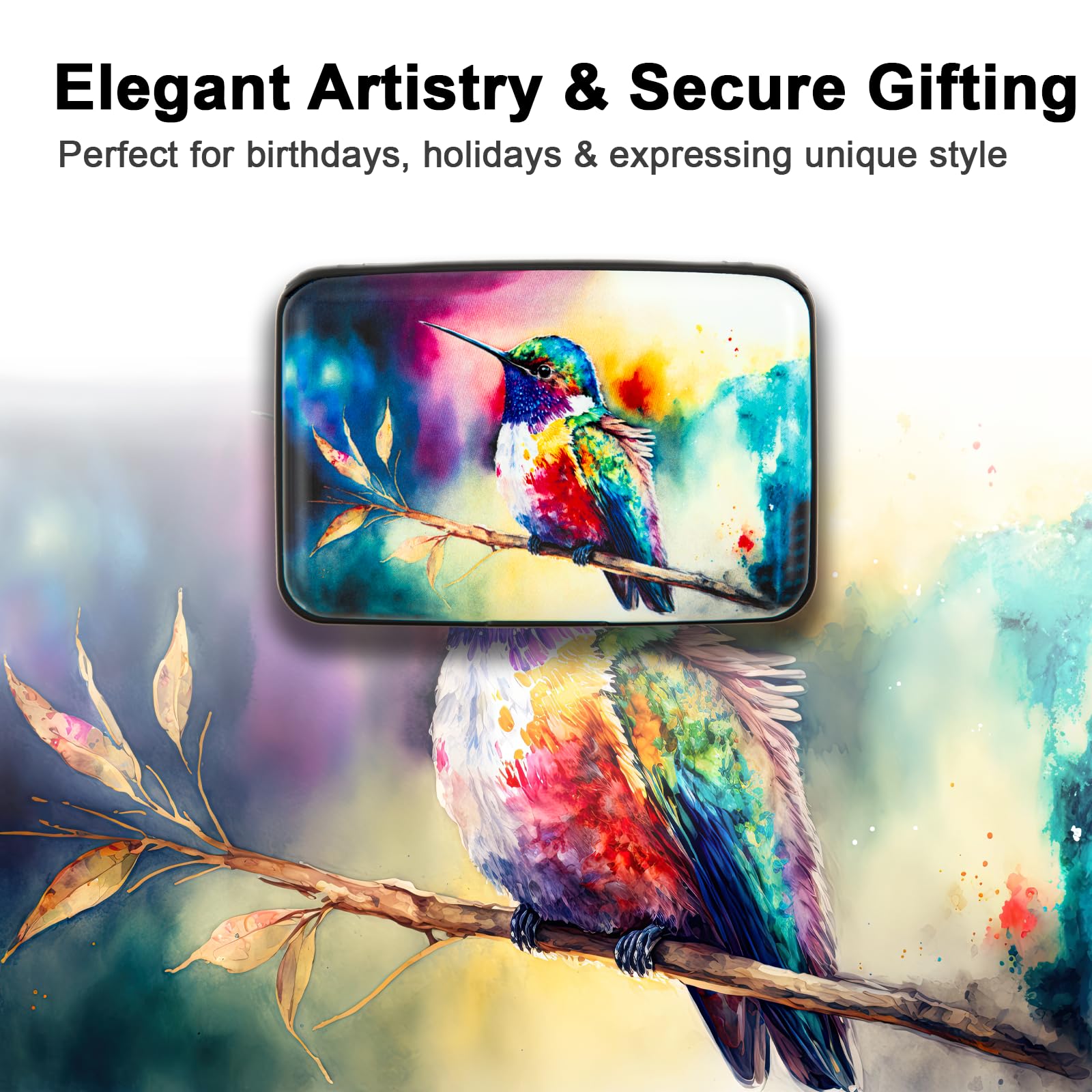 Kaabao Credit Card Holder for Women Men RFID Blocking Wallet Small Business Metal Slim Mini Aluminum Hard Case (Watercolor Painting Hummingbird)