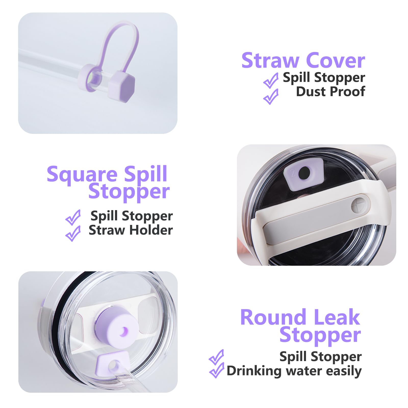 Silicone Spill Stopper Set Compatible with Stanley Cup 2.0 30oz & 40oz with Straw Cover (Set of 4, Orchid)