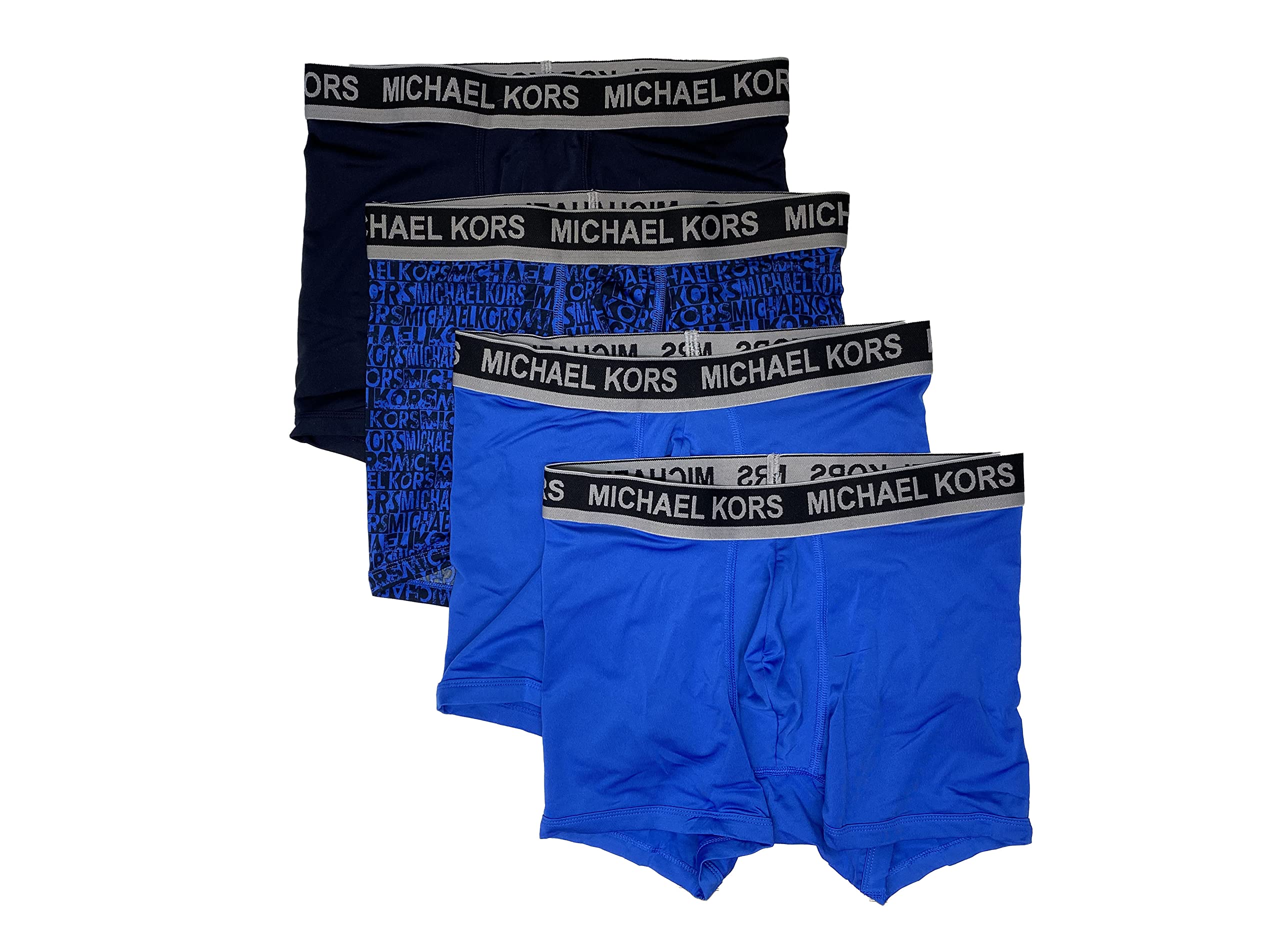 Michael Kors Men`s Performance Poly Boxer Briefs 4 Pack (Blue2(9F11X10954)/B_MK_Print, Small)