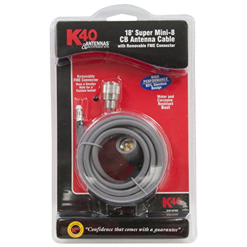 K40 K4018FME 18ft Super Mini-8 CB Antenna Cable with Removable FME Connector, Black