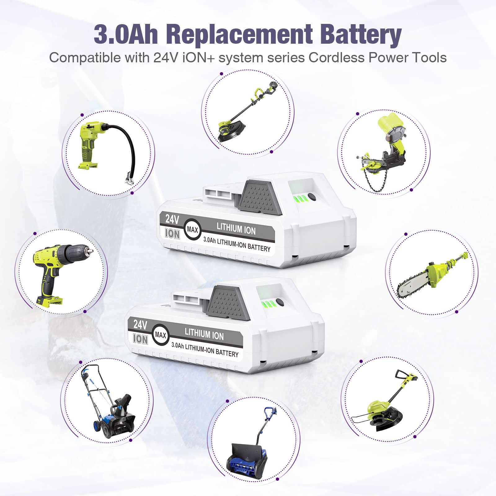 C D H 2 Packs 24V 3000mAh Replacement Battery for Snow Joe+Sun Joe 24V Lithium-iON Battery Series 24BAT-LTX/LTW/LTE/LT/XR EcoSharp Pro