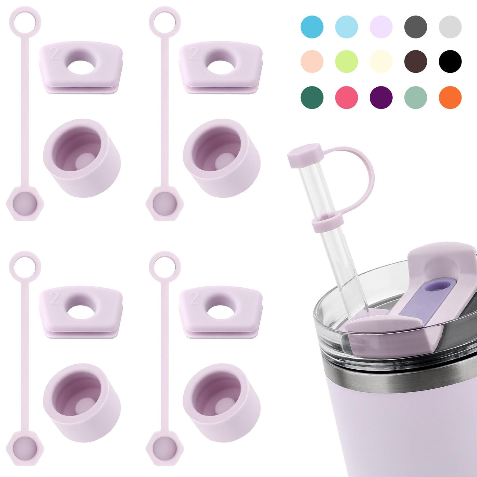 Silicone Spill Stopper Set Compatible with Stanley Cup 2.0 30oz & 40oz with Straw Cover (Set of 4, Orchid)