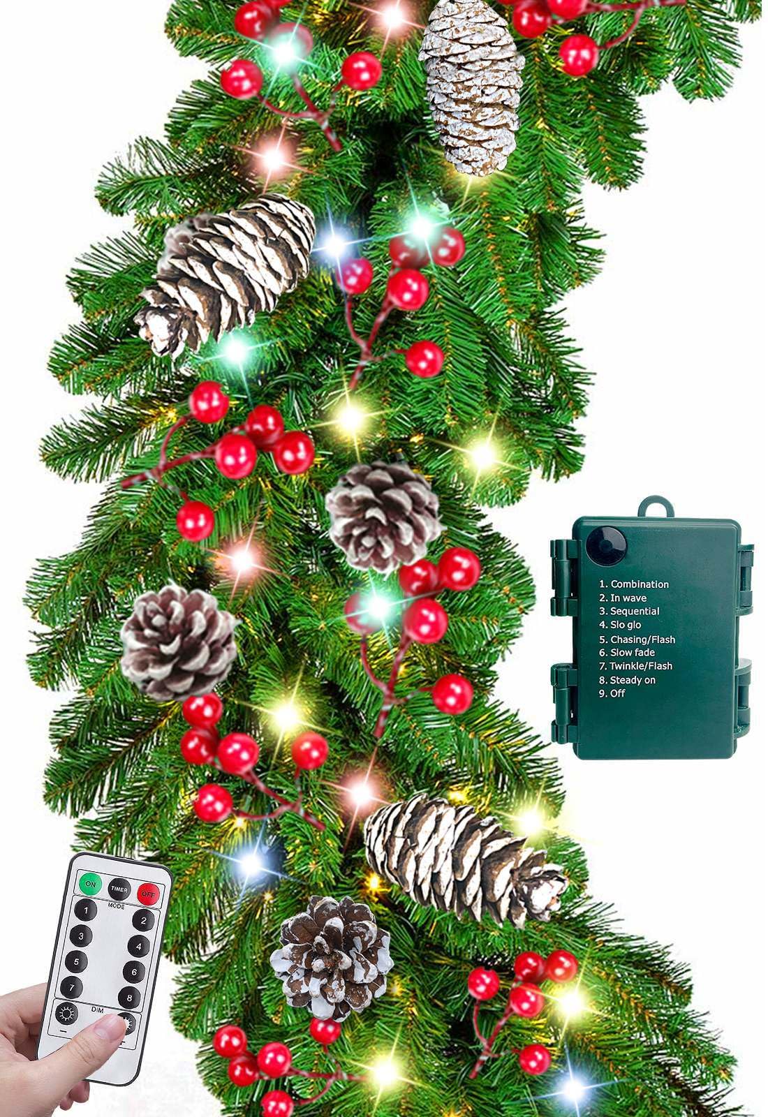 [ Timer & 8 Modes ] 9 Foot by 10 Inch Christmas Garland Decorations 50 LED Colorful Lights Battery Operated Lighted Garland 300 Branches 198 Red Berries 18 Pinecone Prelit Xmas Garland Indoor Outdoor