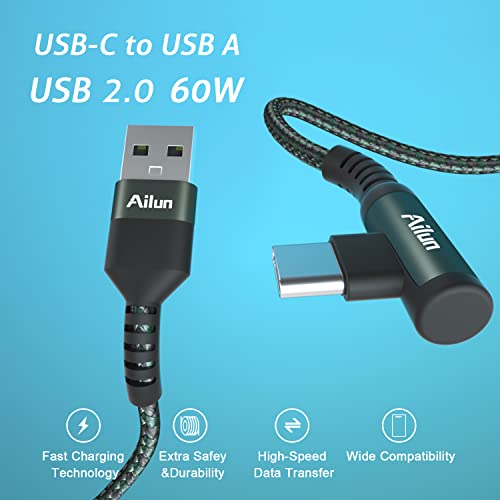 Ailun USB C Cable Right Angle 90 Degree Elbow USB A to C 60W PD Fast Charge Nylon Braided 3Pack [3ft+6ft+6ft] for Galaxy S22/S22+/S22 Ultra, S21 5G, S20 S10 iPad Pro MacBook Switch
