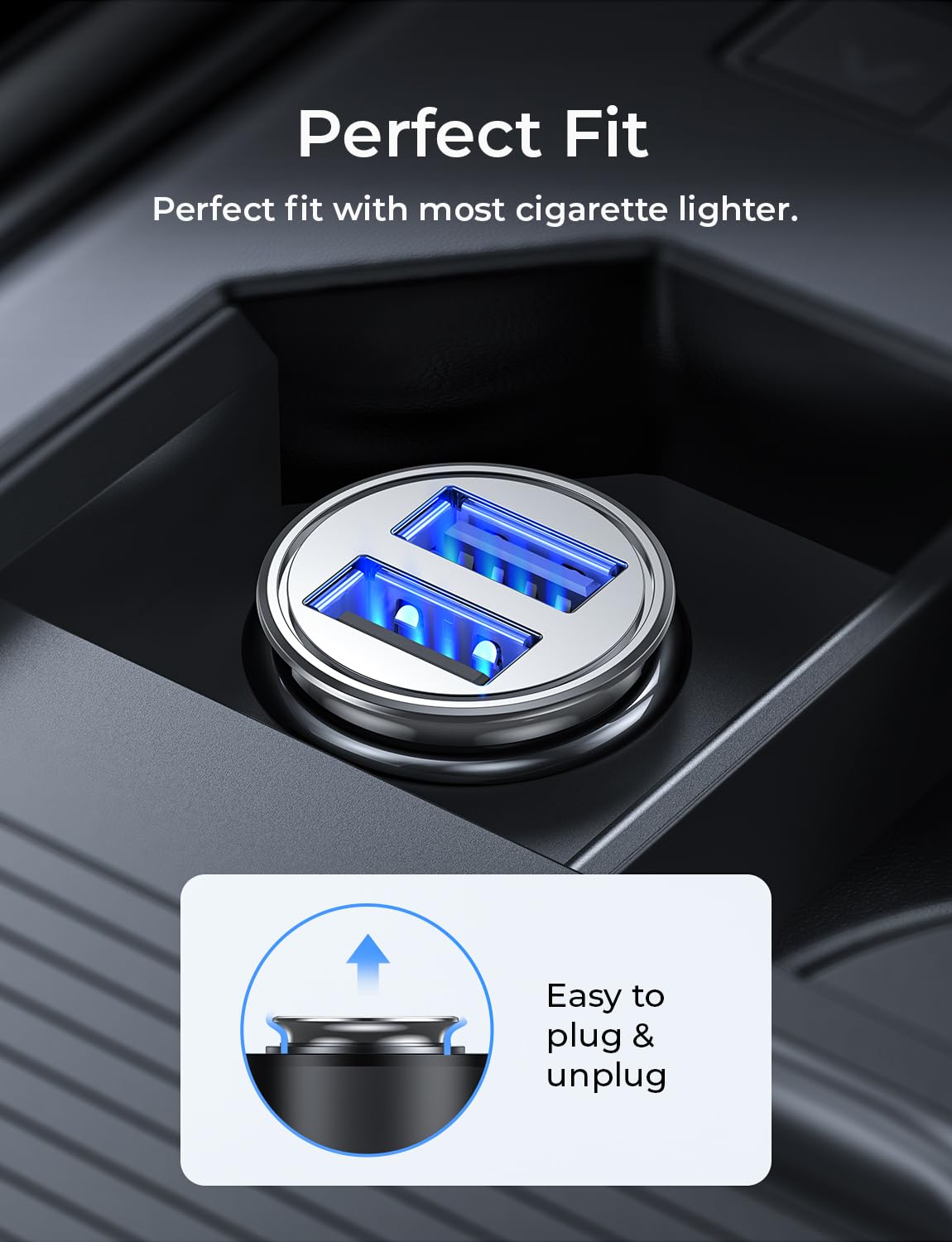 AINOPE Car Charger Adapter【Smallest Metal】 4.8A Cigarette Lighter USB Car Charger Adapter Dual Port 12V USB Outlet Flush Fit for iPhone 16 Pro Max/15/14 iPad Air Samsung Galaxy S25 S24 Ultra,Sliver
