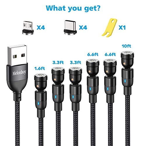 Melonboy 360°&180° Rotation Magnetic Charging Cable[6-Pack, 1.6ft/3.3ft/3.3ft/6.6ft/6.6ft/10ft], Magnetic Phone Charger, 3 in 1 Magnetic Cable Compatible with Micro USB, Type C - Black