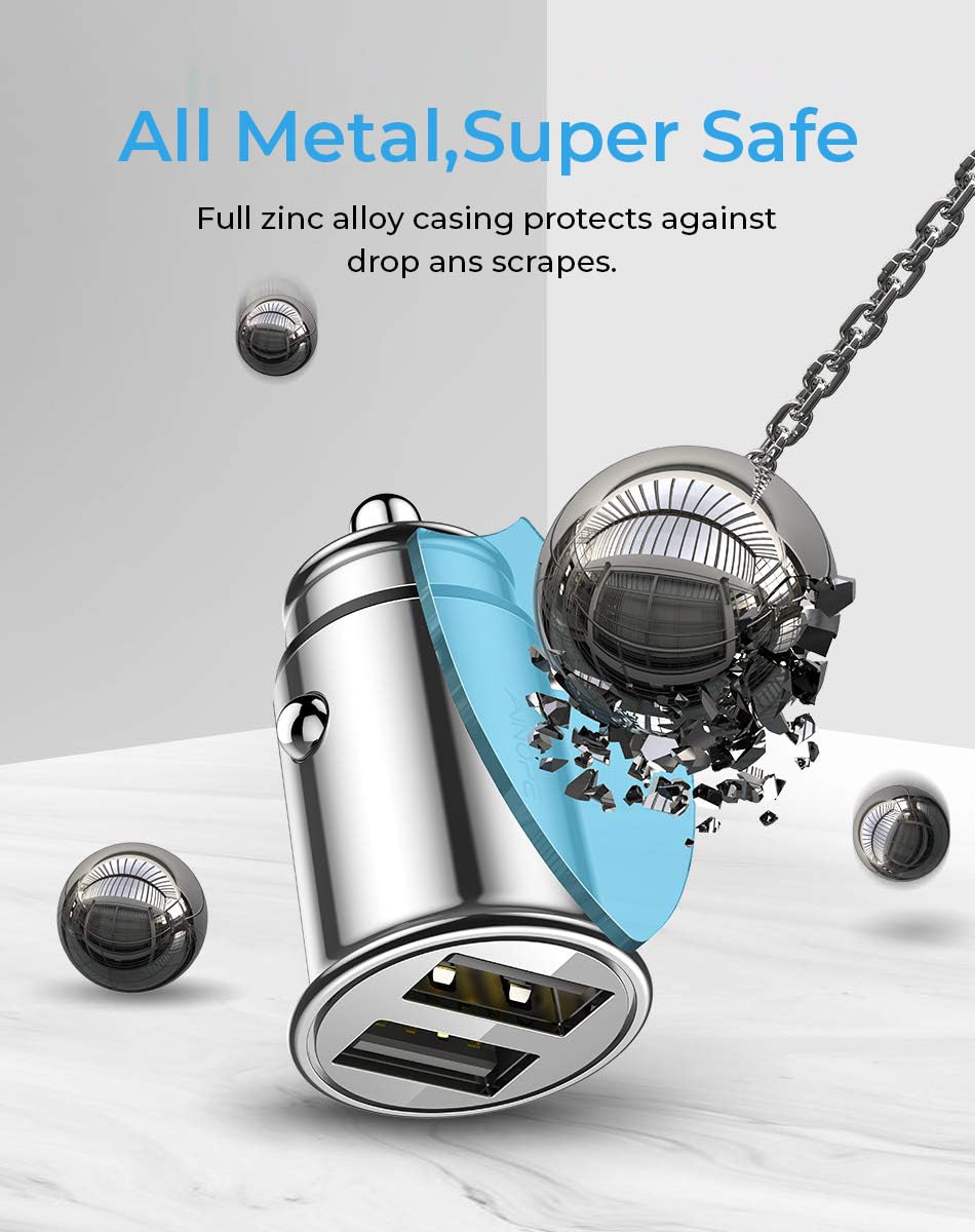 AINOPE Car Charger Adapter【Smallest Metal】 4.8A Cigarette Lighter USB Car Charger Adapter Dual Port 12V USB Outlet Flush Fit for iPhone 16 Pro Max/15/14 iPad Air Samsung Galaxy S25 S24 Ultra,Sliver