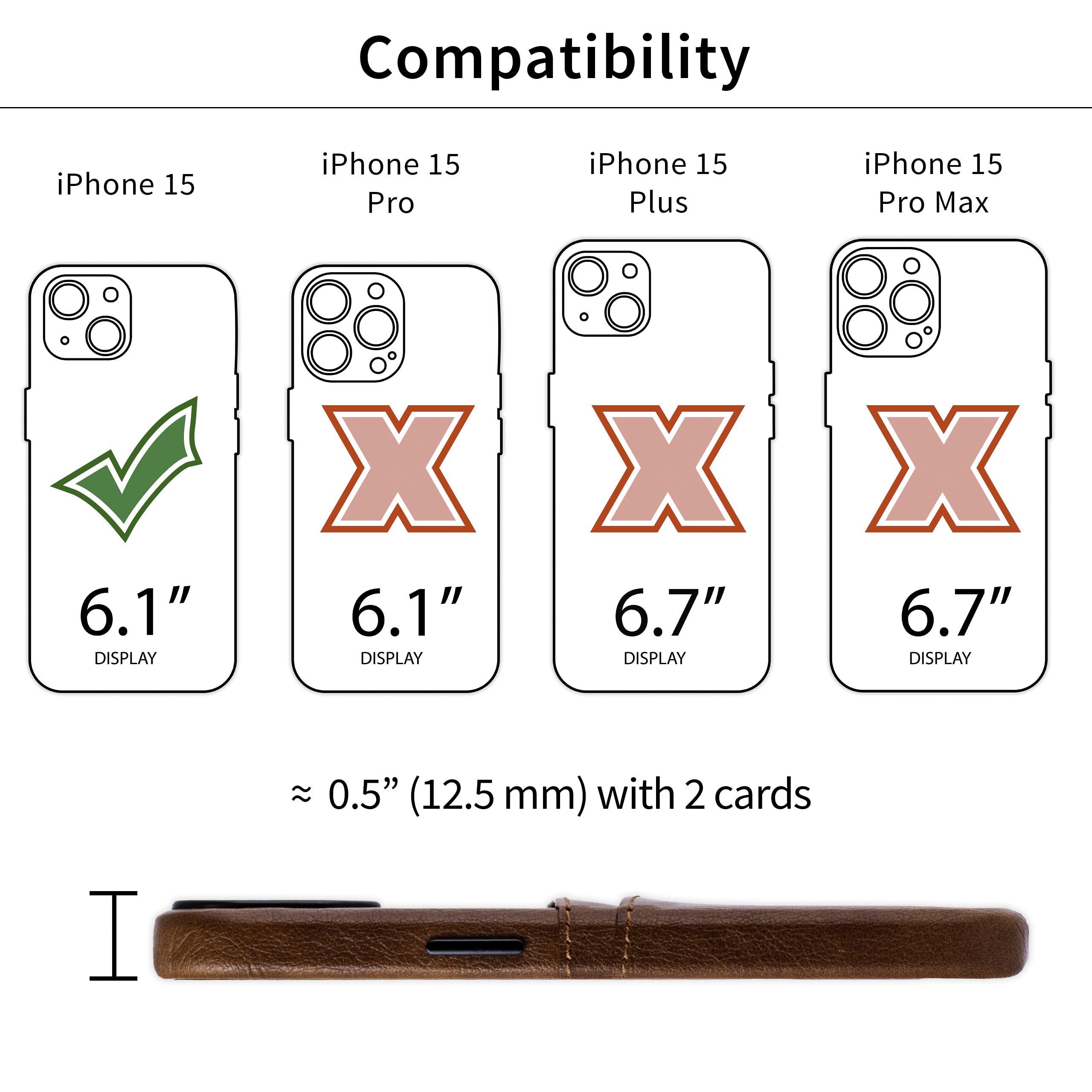 Dockem Card Case for iPhone 15 with Built-in Metal Plate for Magnetic Mounting & 2 Card Holder Pockets: Exec M2 Premium Synthetic Leather Wallet Case (iPhone 15, Brown)