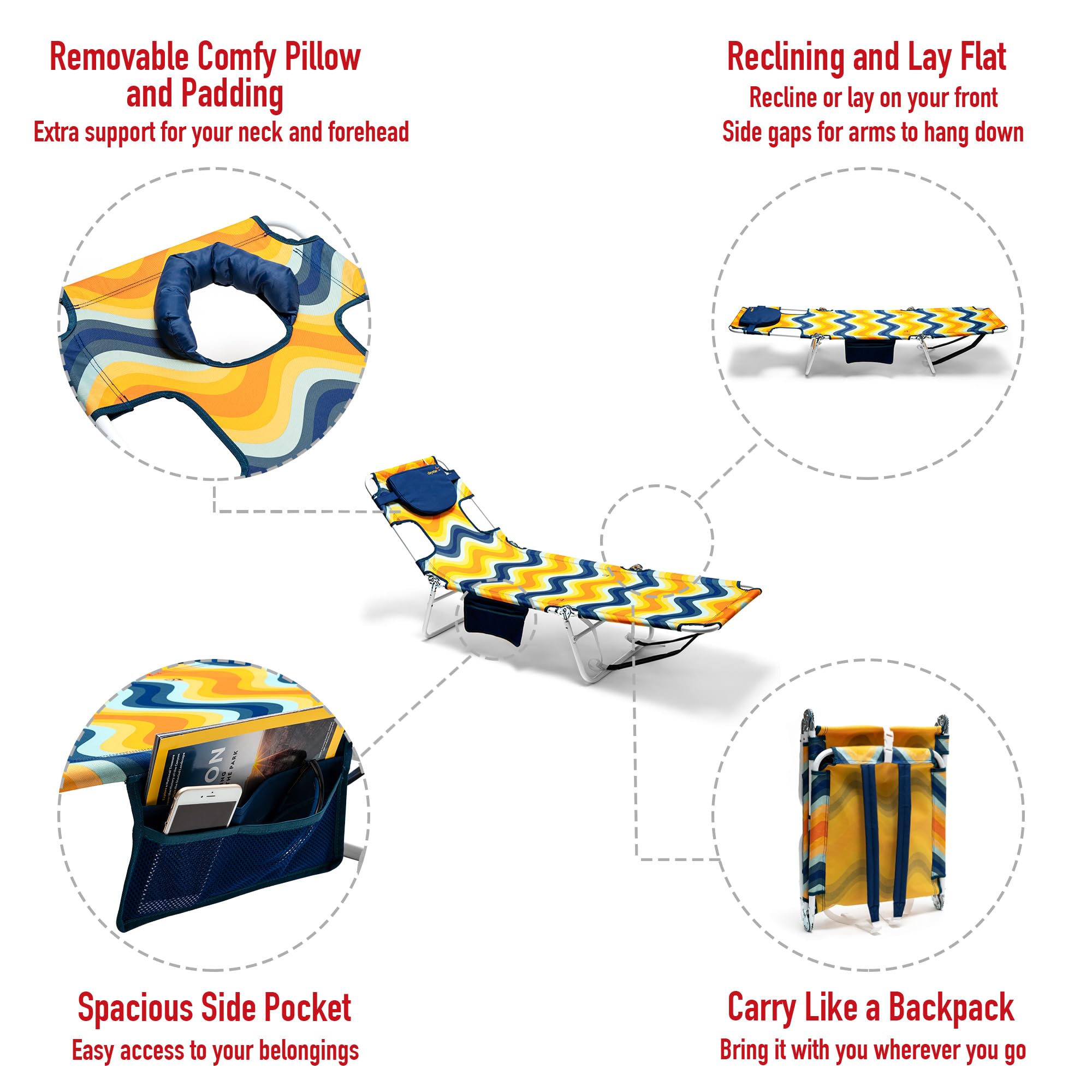 SUNNYFEEL Lounge Beach Chair for Adults with Face Hole, Backpack Reclining Beach Chairs Lay Flat, Sun Face Down Tanning Chair, Portable Folding Camping Cot for Outside Pool, Sunbathing, Reading