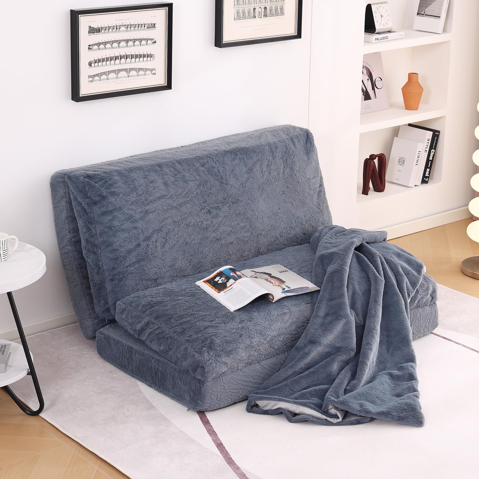 LITA Fluffy Soft Bean Bag Sofa Bed with Blanket, Folding Mattress Bean Bag Chair Foam Filling Convertible Couch Bed with Removable Cover Soft Faux Fur Wall Sofa Bed for Living Room, Dark Grey