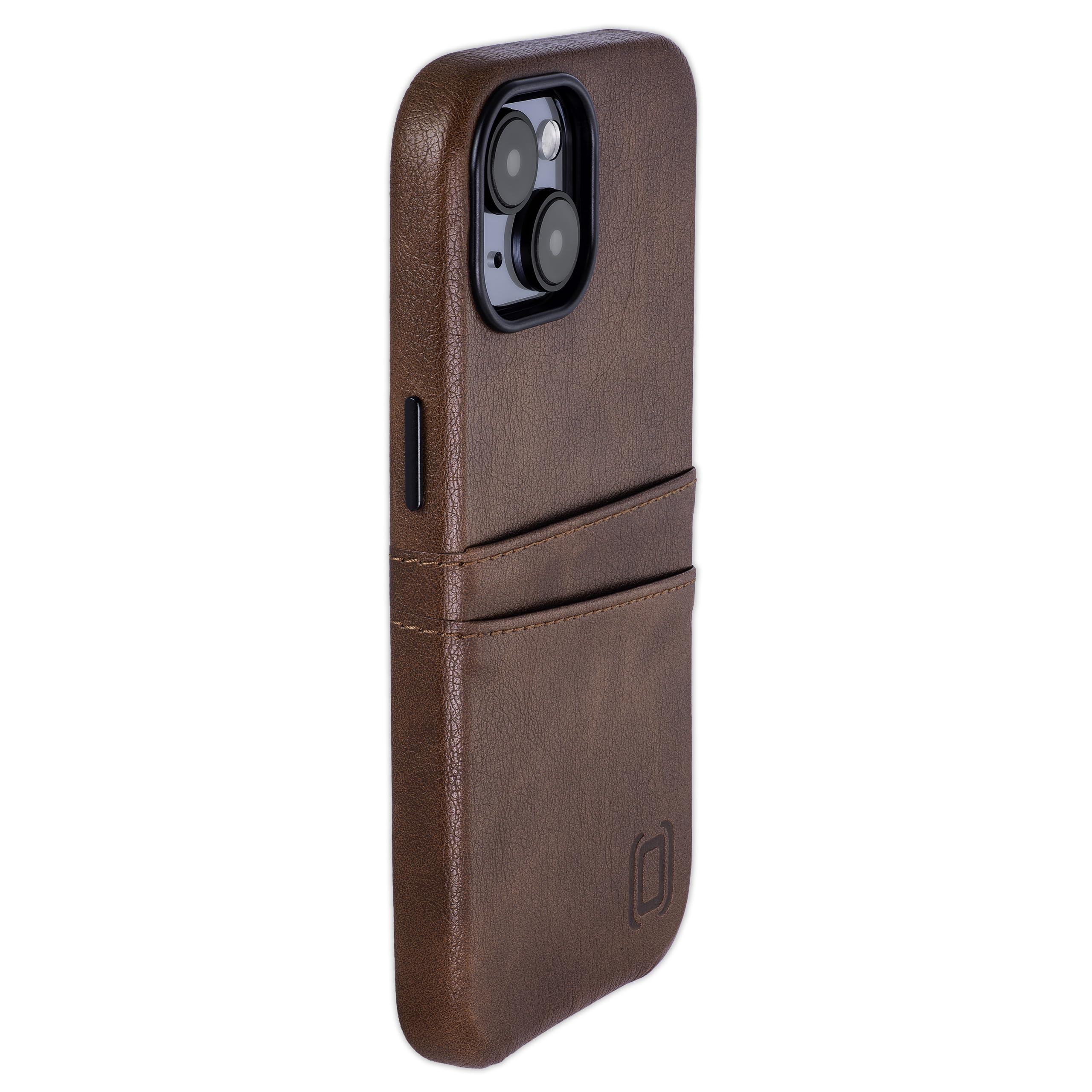 Dockem Card Case for iPhone 15 with Built-in Metal Plate for Magnetic Mounting & 2 Card Holder Pockets: Exec M2 Premium Synthetic Leather Wallet Case (iPhone 15, Brown)