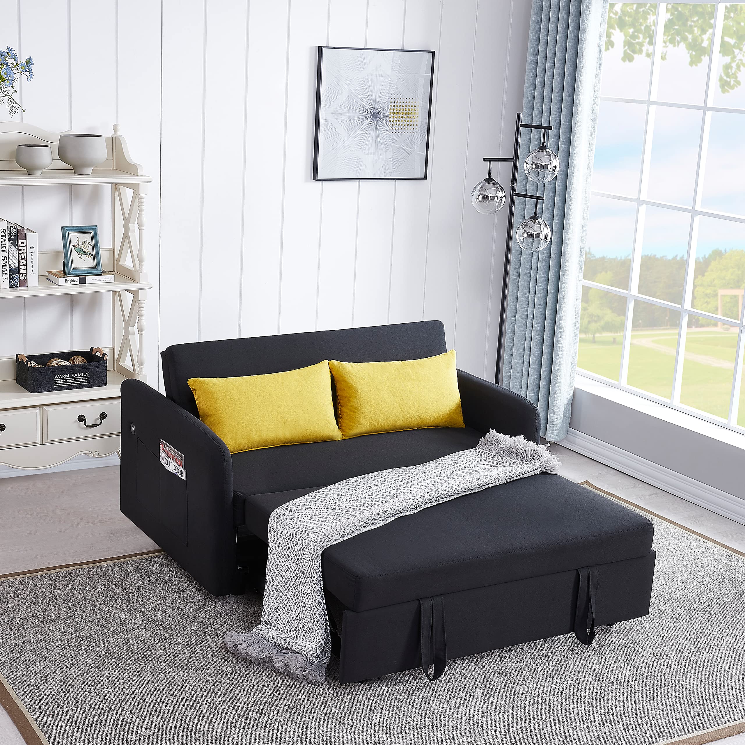 Myshle Convertible Sofa, 3-in-1 Sleeper Pull-Out Twin Size Beds, 55.5'' Loveseat Chaise Lounge with Adjustable Backres/Pillows/USB Charge Port, Comfy Futon Couch for Living Room Small Space Black