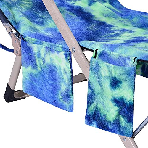 Wensdr Beach Chair Cover with Side Pockets Pool Towel Chaise Lounge Cover Microfiber Tie Dye Beach Towel for Holidays, Sunbathing (Blue)