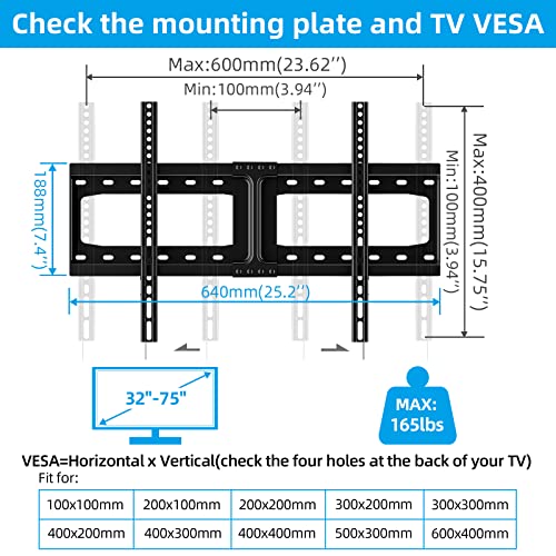 HOME VISION Fixed TV Wall Mount, Low Profile TV Mount for Most 32-75 inch TVs, TV Wall Mount Bracket Max VESA 600X400mm Up to 165lbs Fits 16β-18β-24β Wood Studs, Quick Release Lock