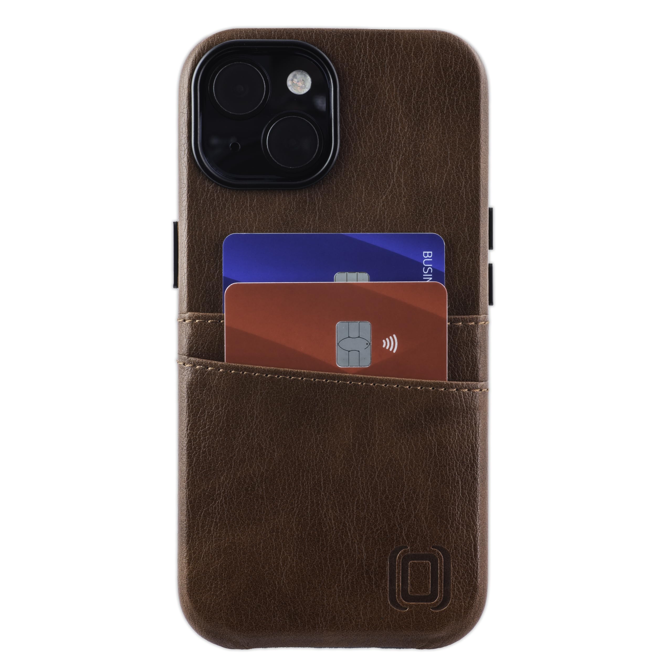 Dockem Card Case for iPhone 15 with Built-in Metal Plate for Magnetic Mounting & 2 Card Holder Pockets: Exec M2 Premium Synthetic Leather Wallet Case (iPhone 15, Brown)