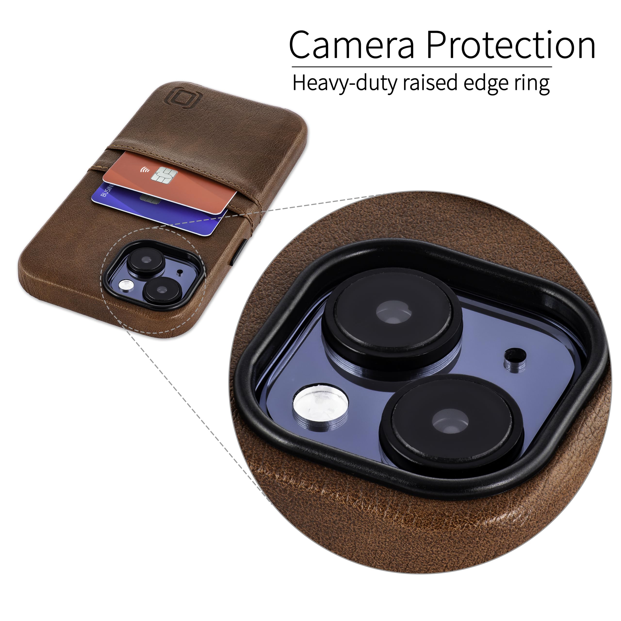 Dockem Card Case for iPhone 15 with Built-in Metal Plate for Magnetic Mounting & 2 Card Holder Pockets: Exec M2 Premium Synthetic Leather Wallet Case (iPhone 15, Brown)