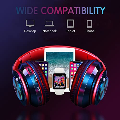 Bluetooth Headphones Over Ear for Music,LED Foldable Stereo Headphones for Gaming with Volume Control,Built in Mic,Support TF,Wired and Wireless Headset for Smart Phone/TV/PC(Black)
