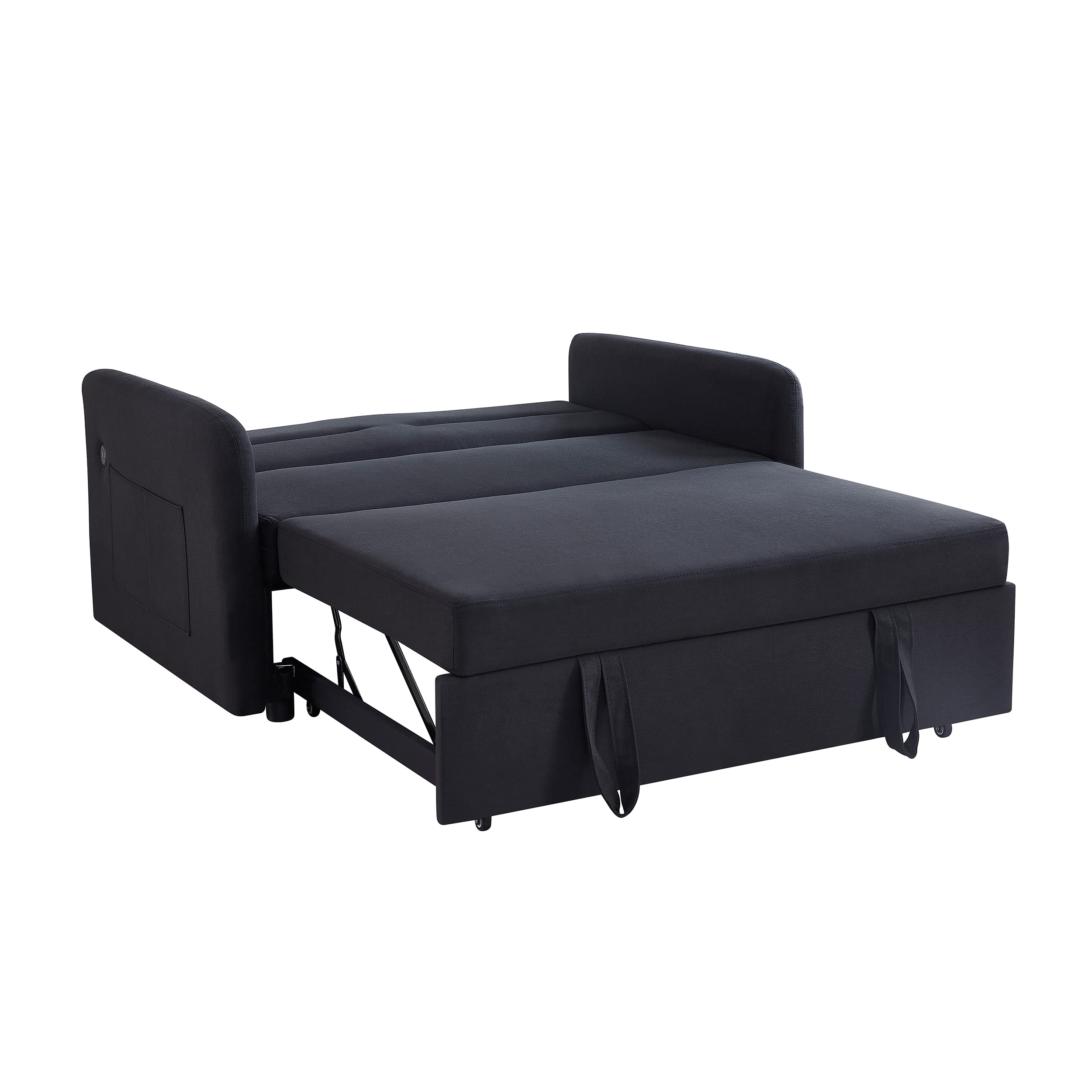 Myshle Convertible Sofa, 3-in-1 Sleeper Pull-Out Twin Size Beds, 55.5'' Loveseat Chaise Lounge with Adjustable Backres/Pillows/USB Charge Port, Comfy Futon Couch for Living Room Small Space Black