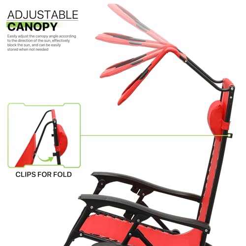 Magshion Zero Gravity Chair with Canopy Set of 2, Reclining Outdoor Patio Lounge Chair, Folding Anti Gravity Recliner, Portable Lounger with Removable Cup Holder Side Tray and Pillow Headrest (Red)