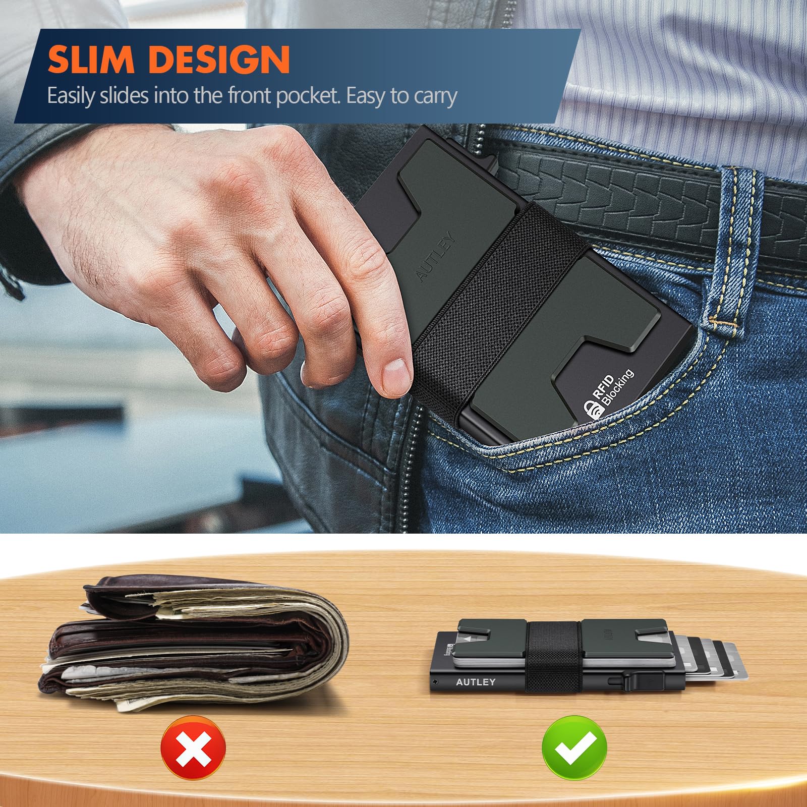 AUTLEY Slim Card Holder, Minimalist Pop Up Wallet for Men, RFID Blocking Mens Wallet with Cash Band (Black)