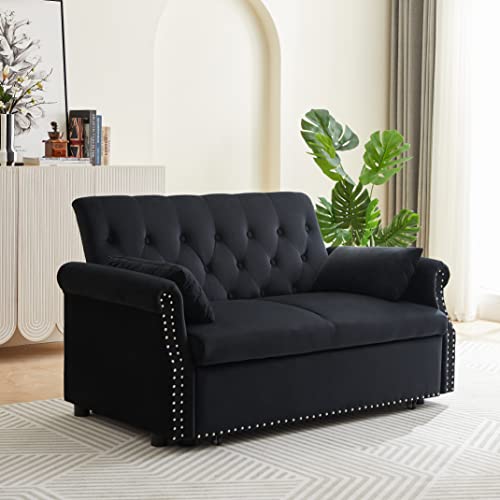 3-in-1 Convertible Futon Loveseat with Pull Out Sleeper Couch Bed and Nailhead Decor, Button Tufted Reclining Backrest Love Seat Sofabed W/ 2 Pillows for Home Apartment Office Loft RV Living Room