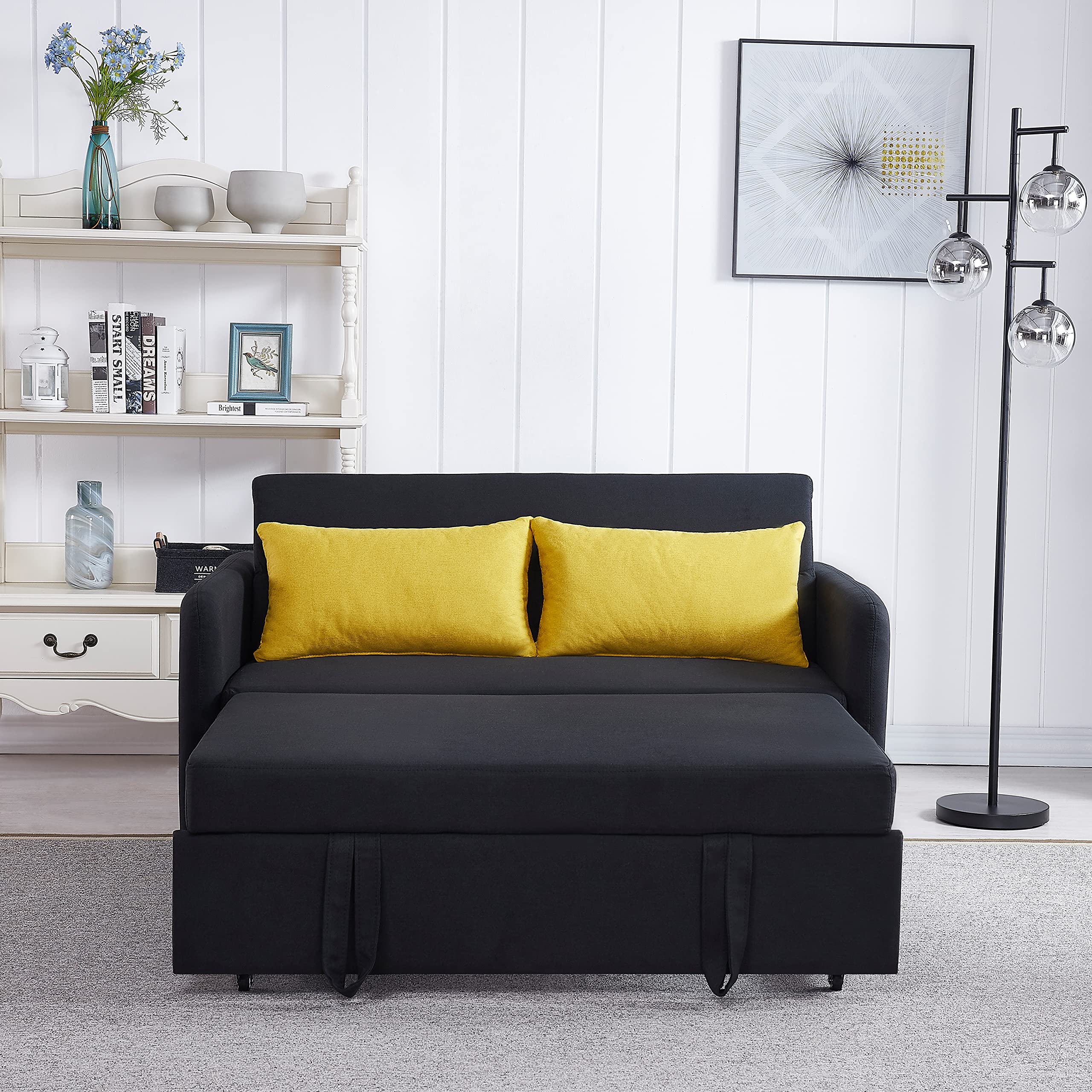 Myshle Convertible Sofa, 3-in-1 Sleeper Pull-Out Twin Size Beds, 55.5'' Loveseat Chaise Lounge with Adjustable Backres/Pillows/USB Charge Port, Comfy Futon Couch for Living Room Small Space Black