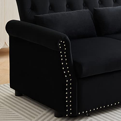 3-in-1 Convertible Futon Loveseat with Pull Out Sleeper Couch Bed and Nailhead Decor, Button Tufted Reclining Backrest Love Seat Sofabed W/ 2 Pillows for Home Apartment Office Loft RV Living Room