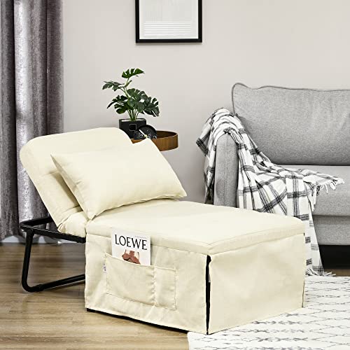 HOMCOM Folding Sofa Bed, 4-in-1 Multi-Function Sleeper Chair Bed Ottoman with Adjustable Backrest, Pillow, Side Pocket for Home Office, Bedroom, Living Room, Cream White