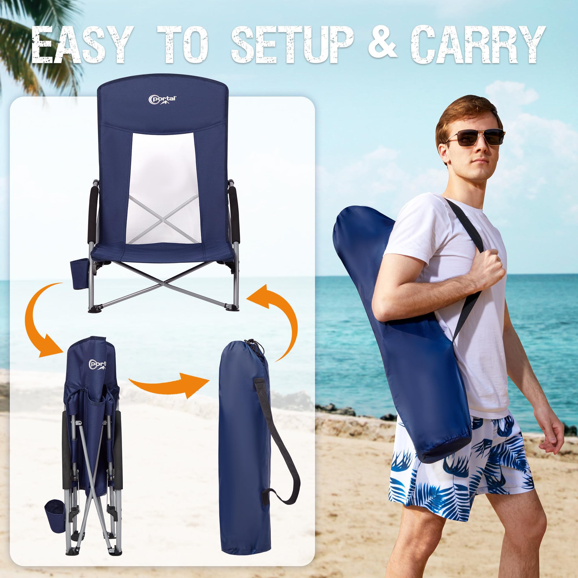 PORTAL Beach Chairs for Adults 2 Pack High Back Low Folding Camping Chair Portable Lightweight with Cup Holder for Travel, Concert, Lawn, Festival, Support 350lbs