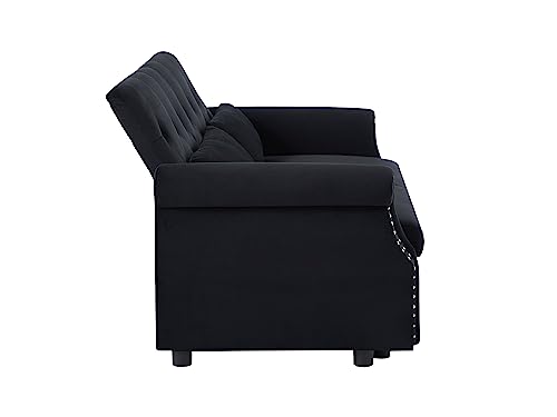 3-in-1 Convertible Futon Loveseat with Pull Out Sleeper Couch Bed and Nailhead Decor, Button Tufted Reclining Backrest Love Seat Sofabed W/ 2 Pillows for Home Apartment Office Loft RV Living Room