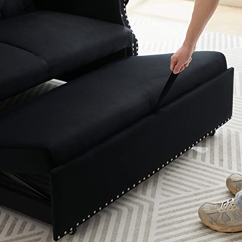 3-in-1 Convertible Futon Loveseat with Pull Out Sleeper Couch Bed and Nailhead Decor, Button Tufted Reclining Backrest Love Seat Sofabed W/ 2 Pillows for Home Apartment Office Loft RV Living Room
