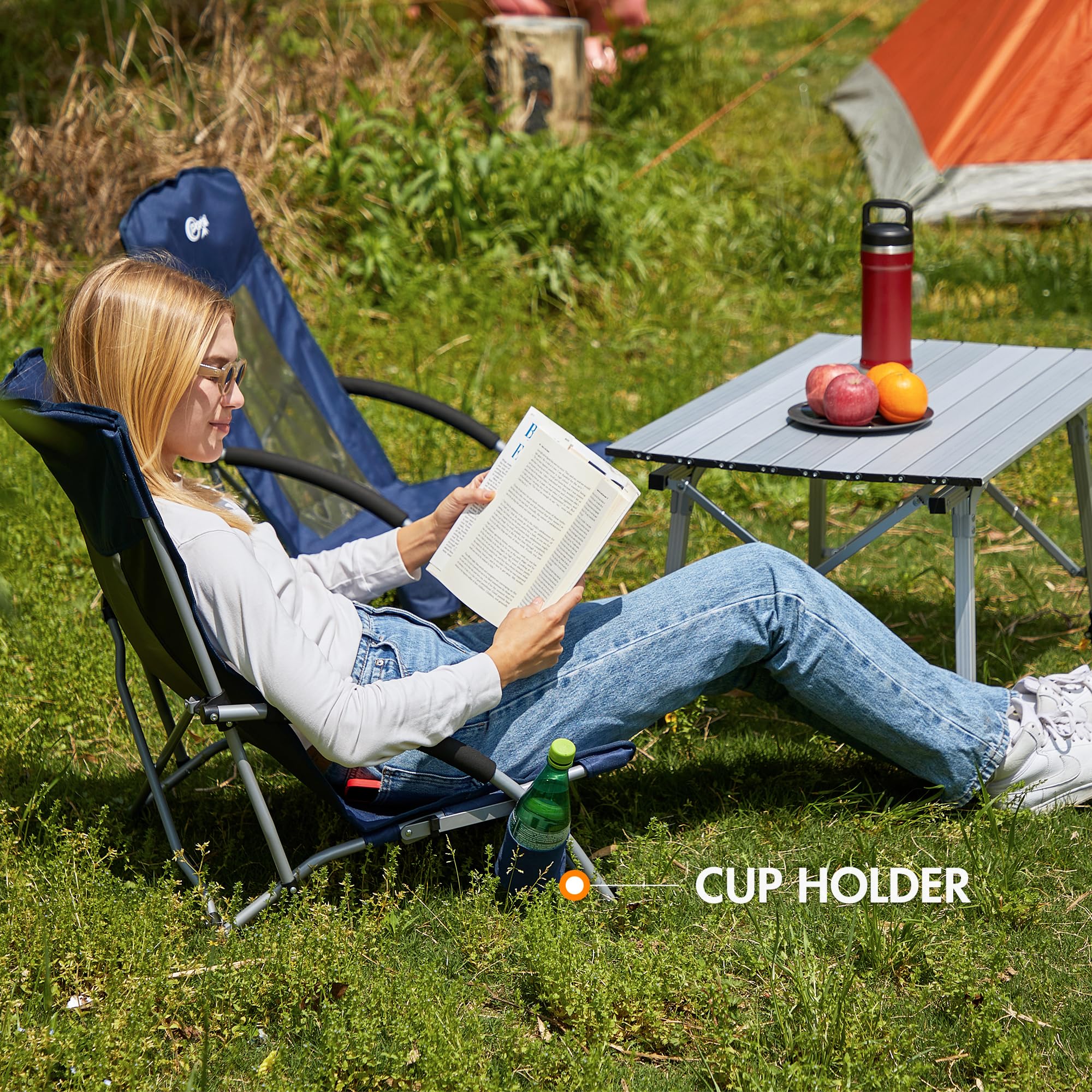 PORTAL Beach Chairs for Adults 2 Pack High Back Low Folding Camping Chair Portable Lightweight with Cup Holder for Travel, Concert, Lawn, Festival, Support 350lbs
