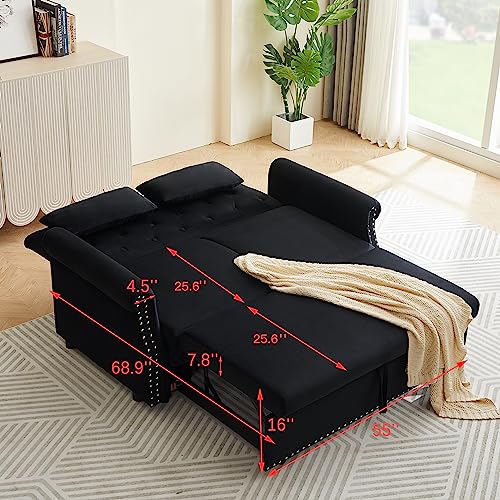 3-in-1 Convertible Futon Loveseat with Pull Out Sleeper Couch Bed and Nailhead Decor, Button Tufted Reclining Backrest Love Seat Sofabed W/ 2 Pillows for Home Apartment Office Loft RV Living Room