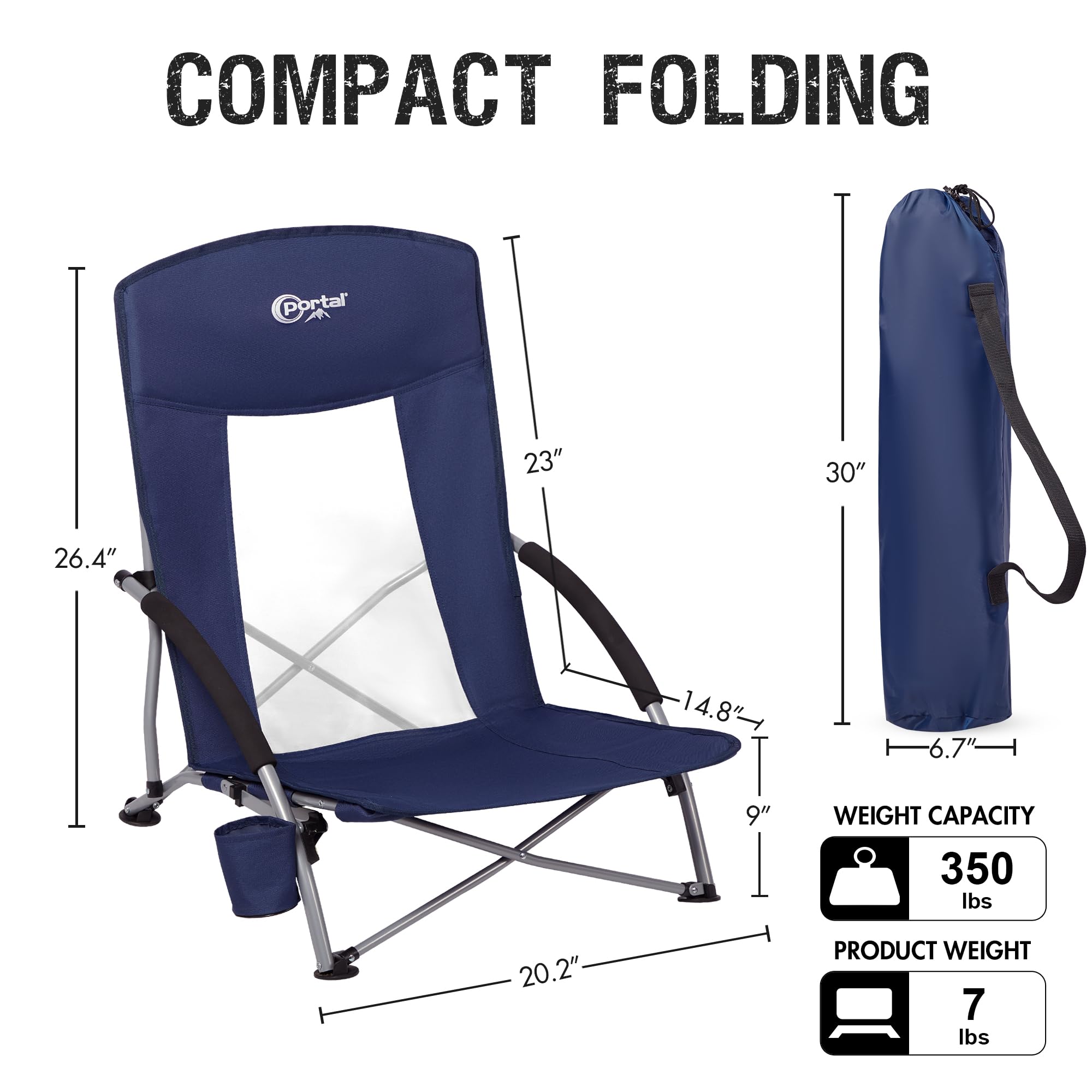 PORTAL Beach Chairs for Adults 2 Pack High Back Low Folding Camping Chair Portable Lightweight with Cup Holder for Travel, Concert, Lawn, Festival, Support 350lbs