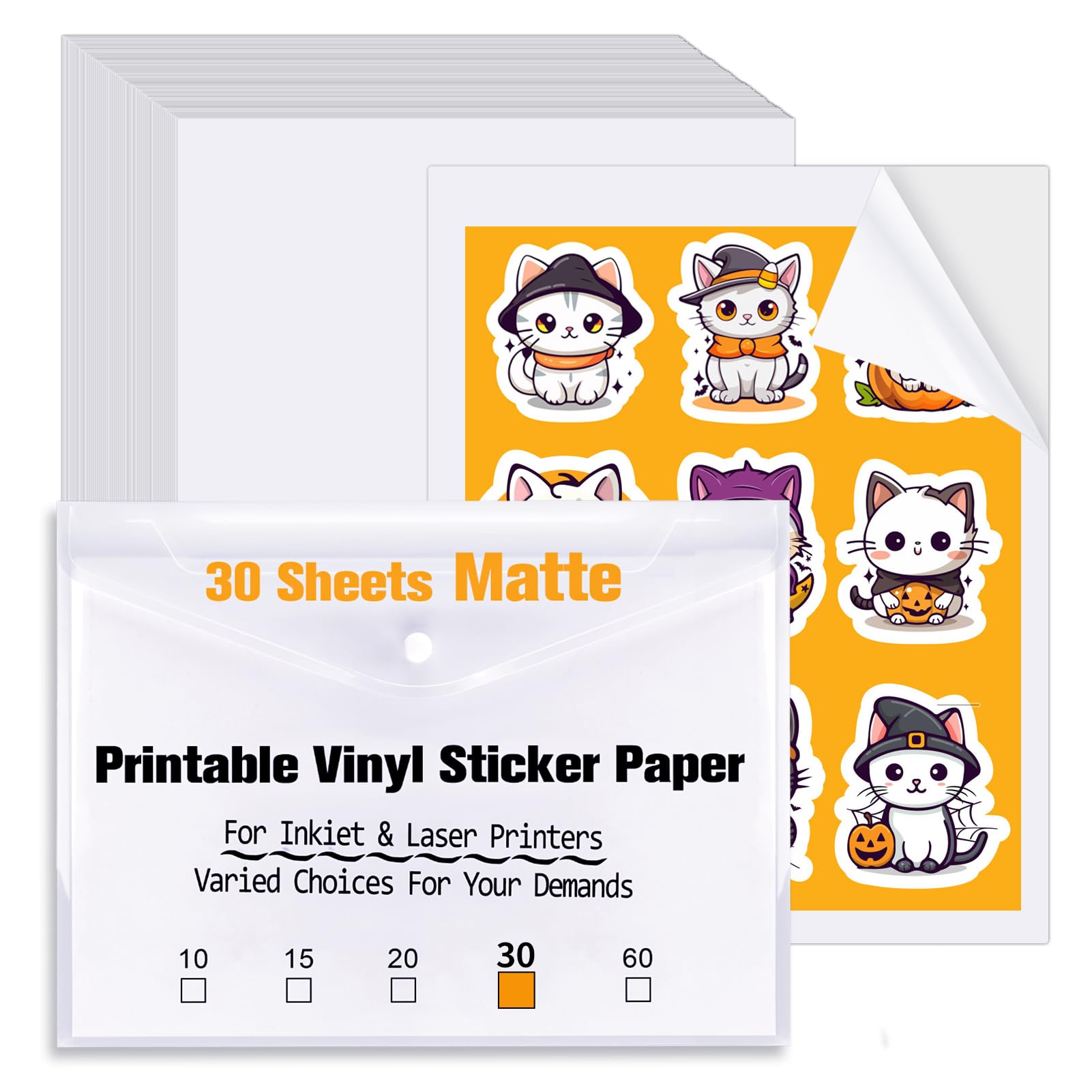 Sticker Paper for Inkjet Printer 30 Sheets Sticker Paper Glossy Waterproof - Size 8.5''x11" A4 - Inkjet & Laser Printer