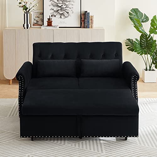 3-in-1 Convertible Futon Loveseat with Pull Out Sleeper Couch Bed and Nailhead Decor, Button Tufted Reclining Backrest Love Seat Sofabed W/ 2 Pillows for Home Apartment Office Loft RV Living Room