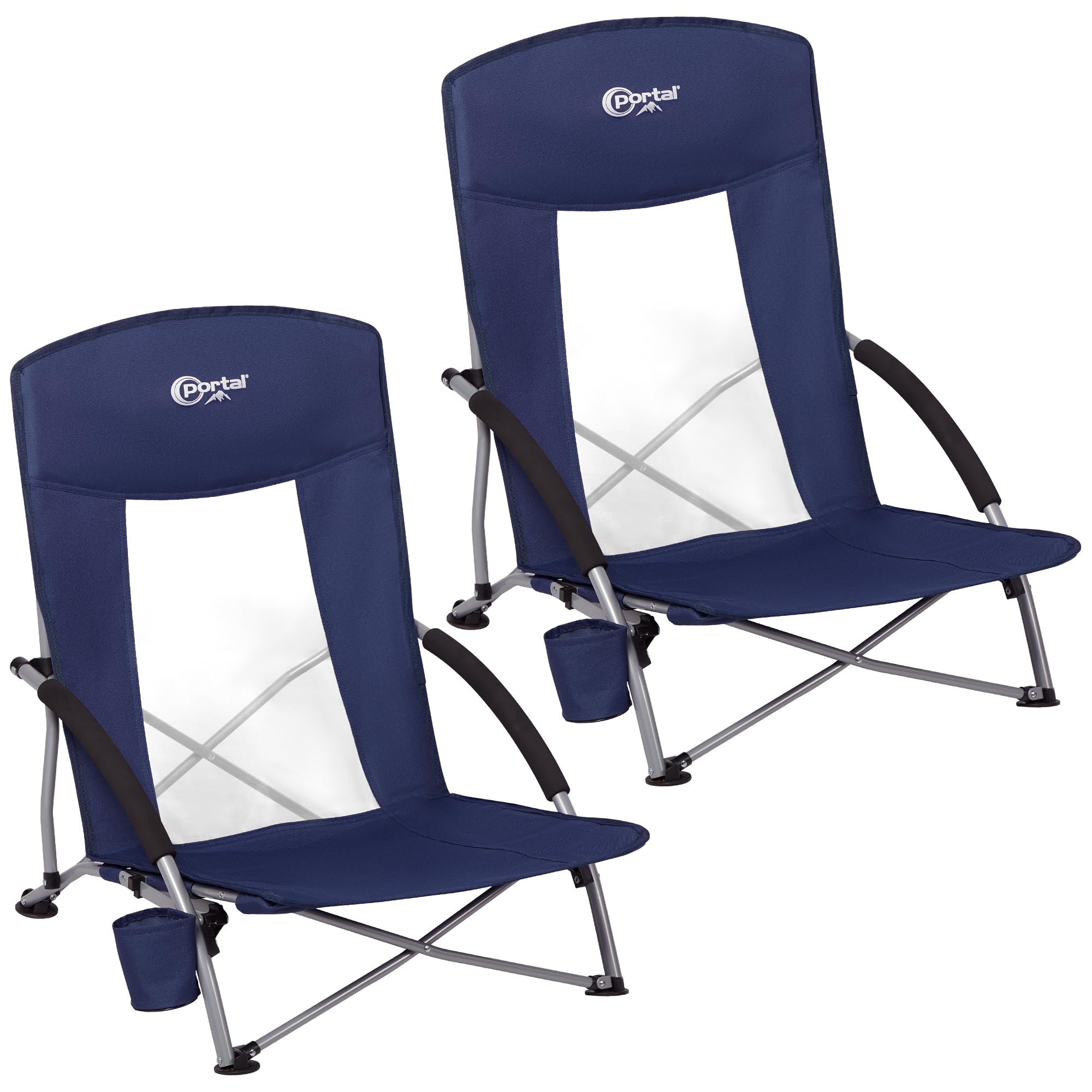PORTAL Beach Chairs for Adults 2 Pack High Back Low Folding Camping Chair Portable Lightweight with Cup Holder for Travel, Concert, Lawn, Festival, Support 350lbs