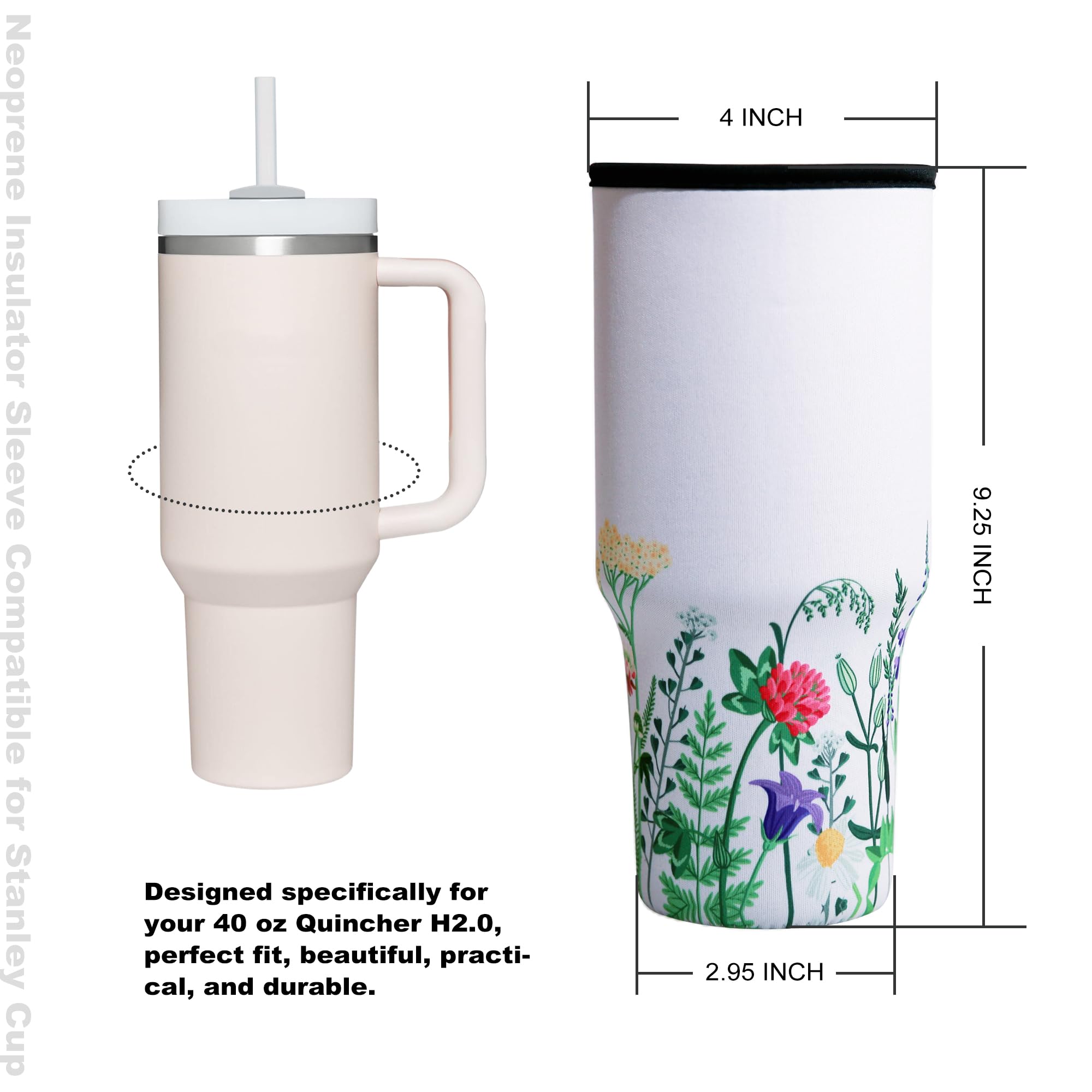 Neoprene Insulator Sleeve Compatible for Stanley 40 oz Tumbler with Handle, Stanley Quencher H2.0 FlowState,British Garden