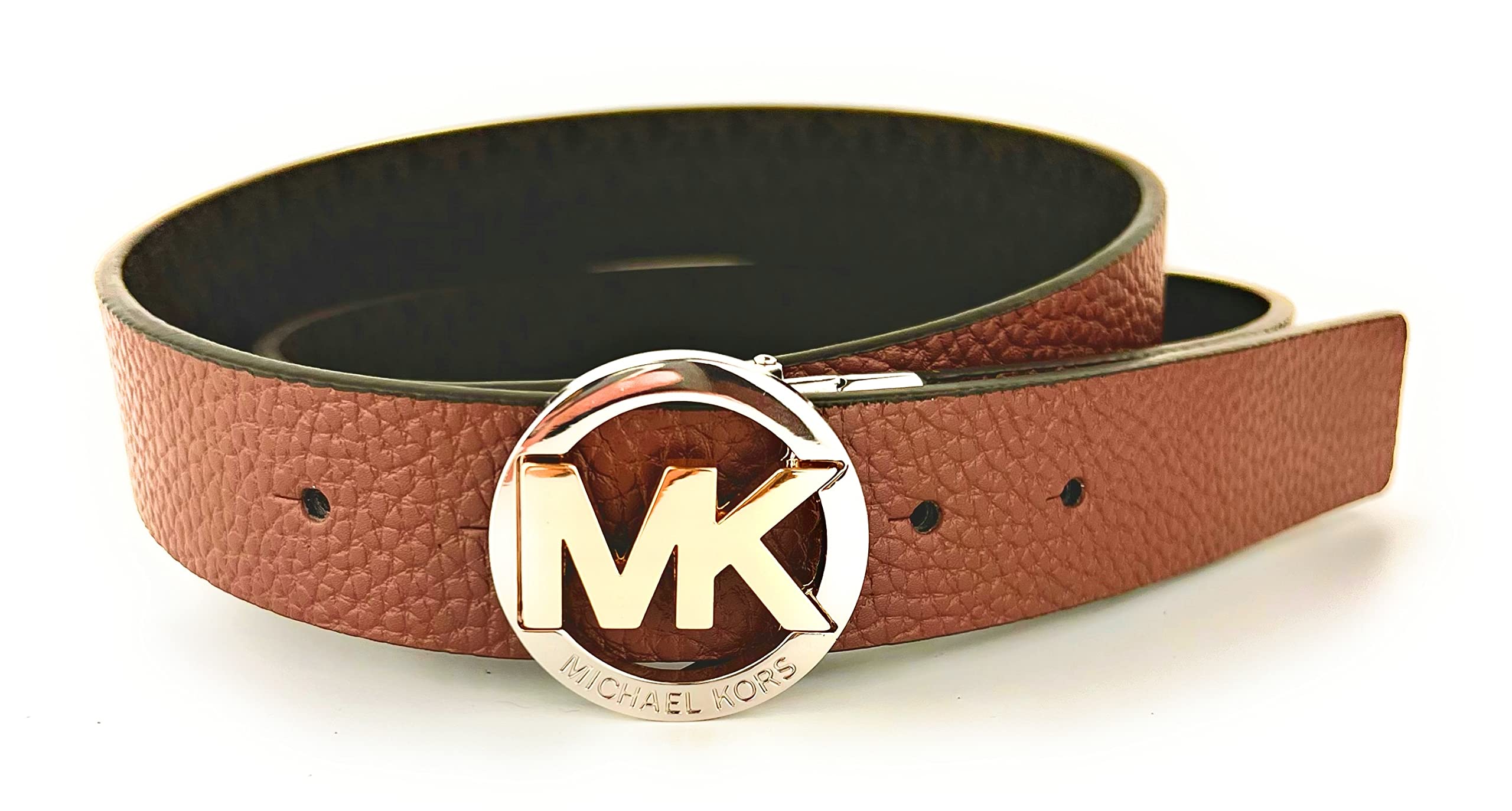 MICHAEL Michael Kors Belt with Silver MK Logo Plaque, Brown and Black, Medium
