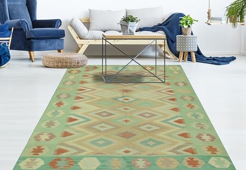 Noori Rug - Premium & Luxury Imported - Handmade Sun Faded Flatweave Francesca Rug - Green - Orange, 5'1" x 6'7" - Living Room - Bedroom